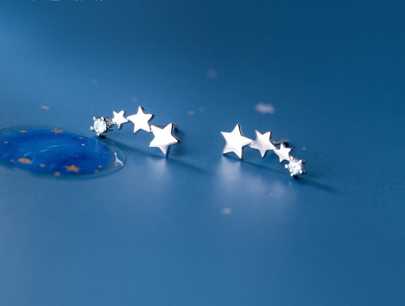 Tiny Three Stars Silver Ear Climber Dainty Star Small Ear - Etsy