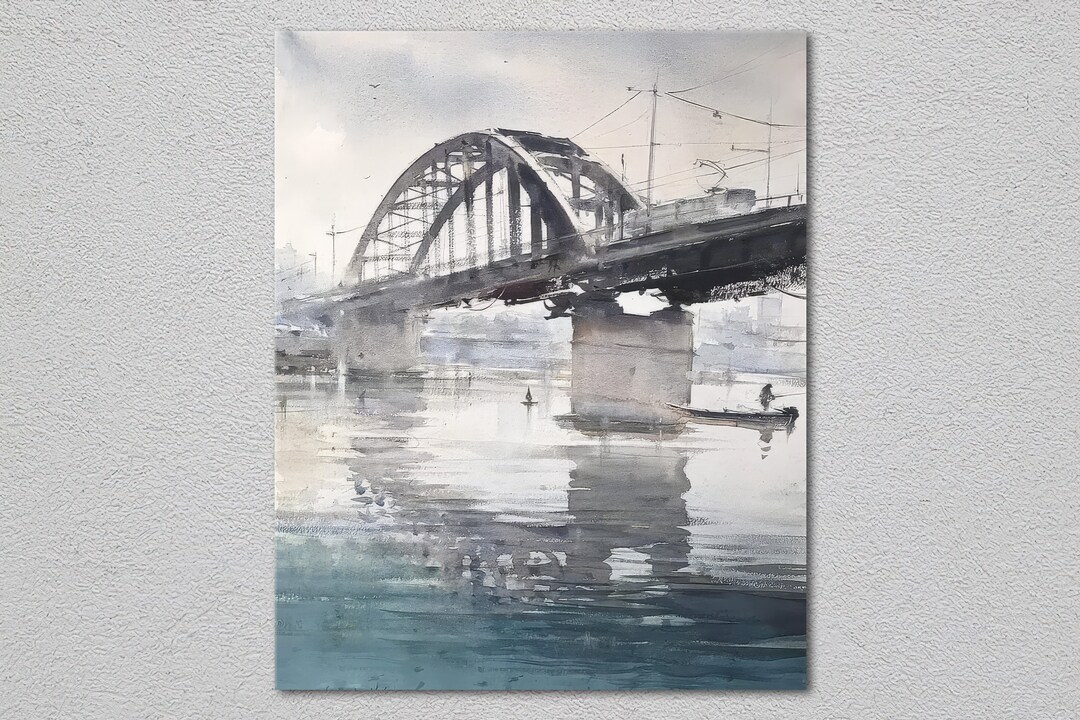 Contemporary Train Bridge Canvas Print - Large River Landscape Artwork ...