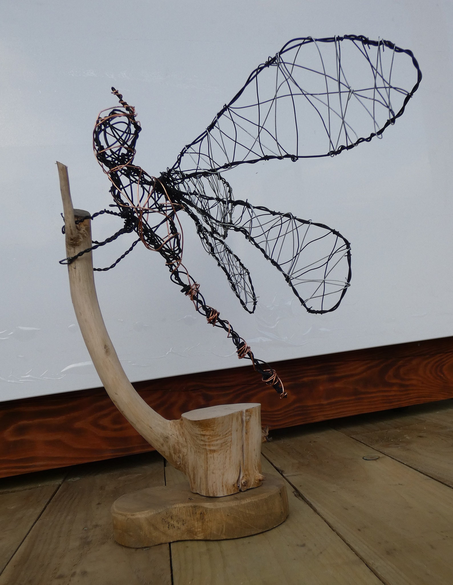 Unique Wire Dragonfly Sculpture With Copper Perched on Wood, Original ...