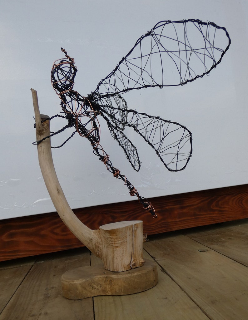 Unique Wire Dragonfly Sculpture With Copper Perched on Wood, Original ...