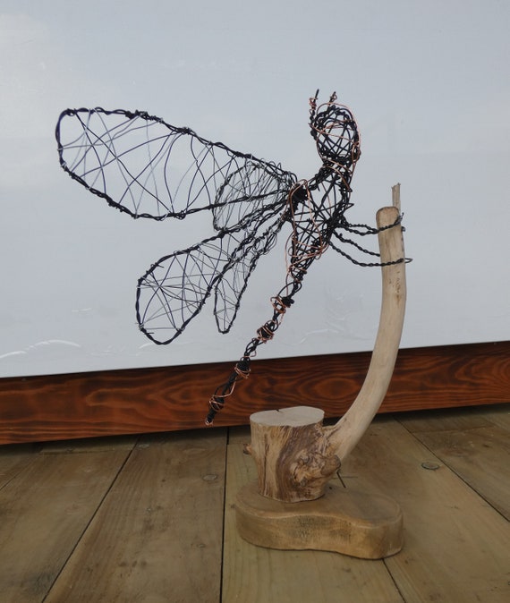Unique Wire Dragonfly Sculpture With Copper Perched on Wood - Etsy