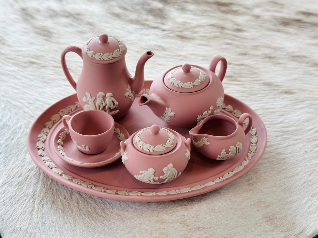Rare Vintage Pink Jasperware Miniatures Tea Set. Teapot, Cup, Saucer ...