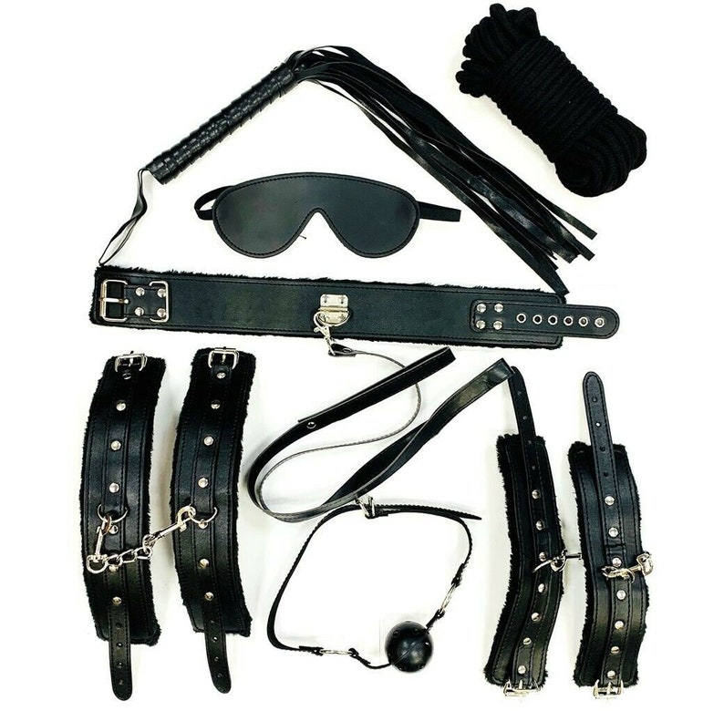 Black Bondage Set Restraints Fetish Handcuff Gag Bed Kit Rope | Etsy
