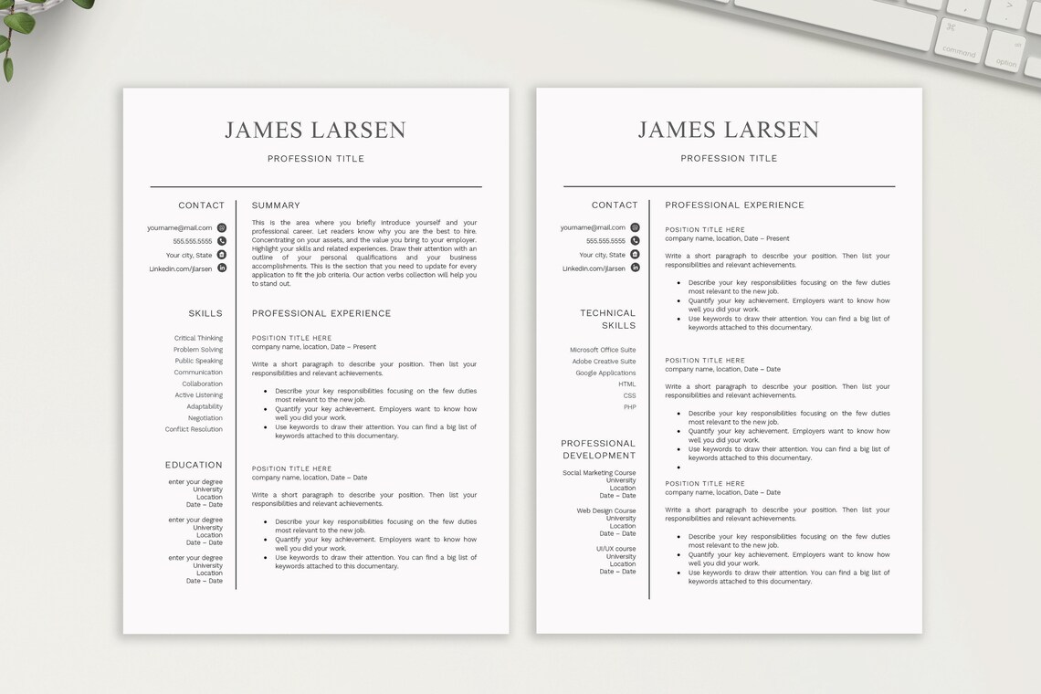 Resume Template, 1 and 2 Page Professional Resume Template for Word, A4 ...