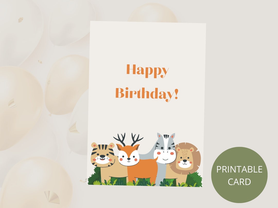 Printable Birthday Card With Animals - Digital Download - Print at Home ...
