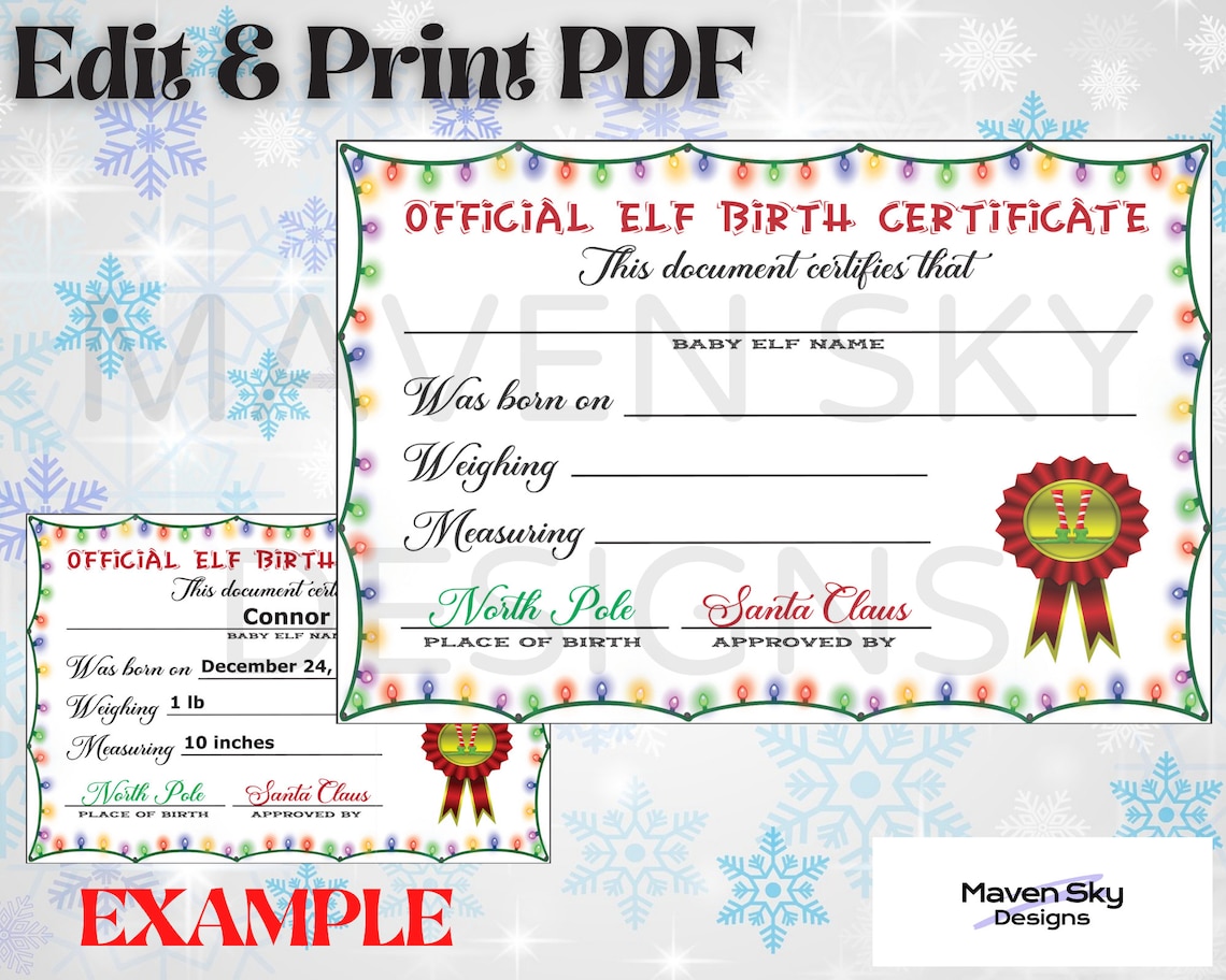 Elf Birth Certificate | Printable & Editable | Download Elf Birth ...