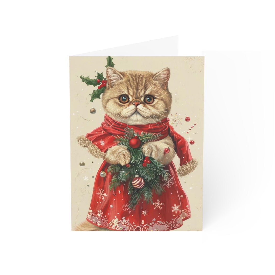 Vintage Cat Christmas Card, Red Holiday Card, Cat Lady Greeting Card, Cute Cat Lover Card ...
