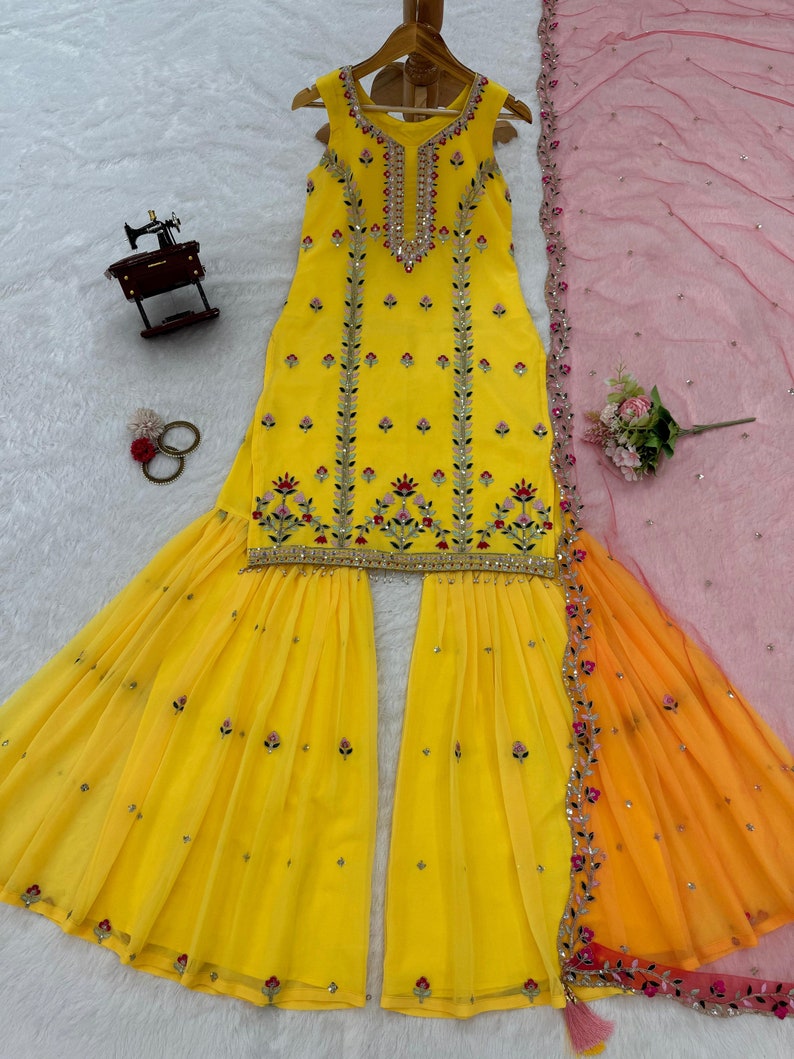 Designer Yellow Haldi Sharara Suit, Premium Ready to Wear Punjabi Suit ...