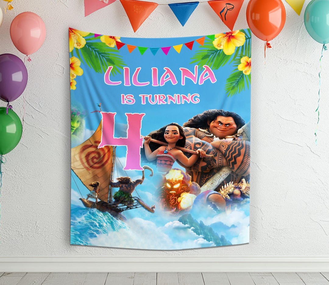 Moana Birthday Party Backdrop | Custom Name Moana and Friends Banner ...