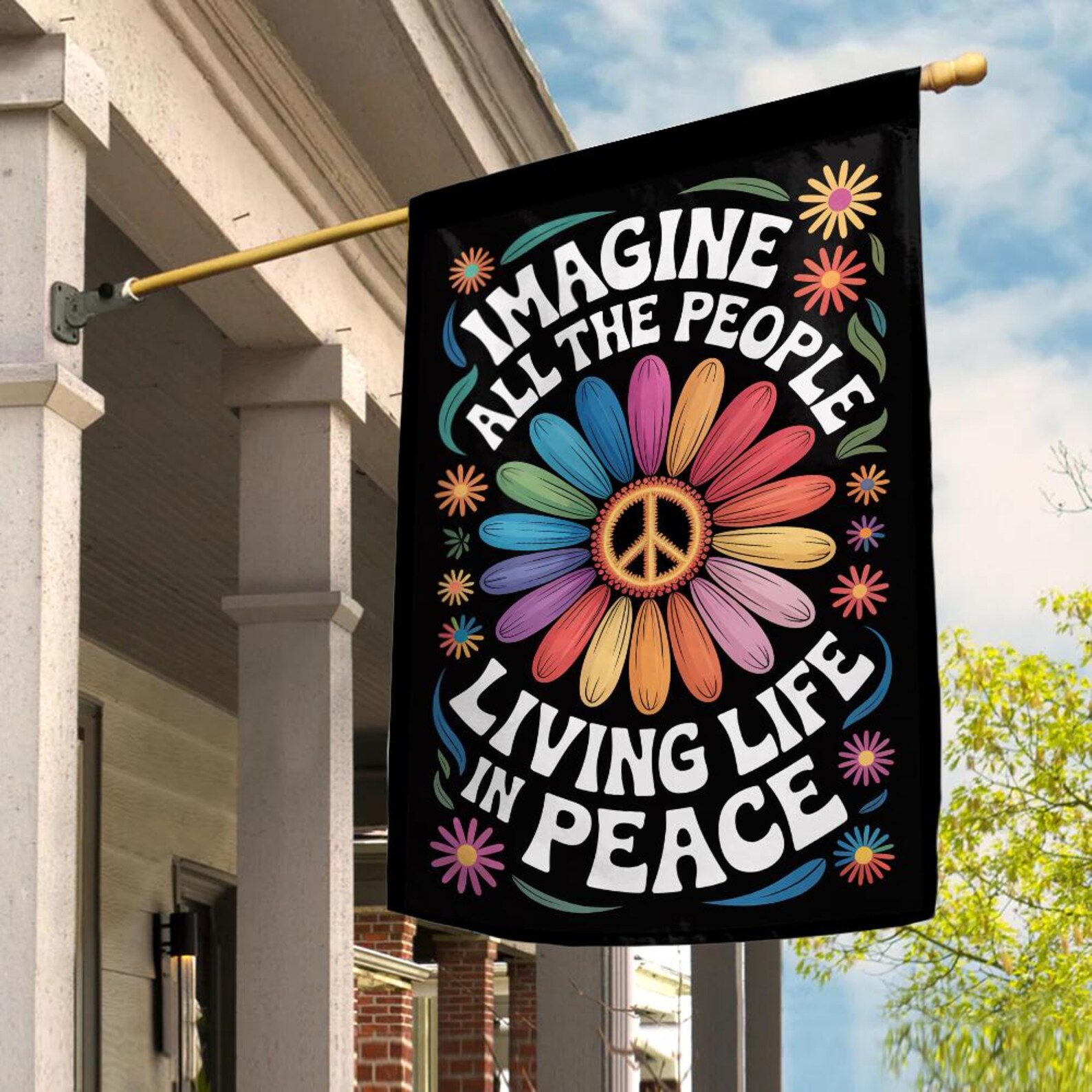 Peace Sign Hippie Flag Imagine All the People Living Life in Peace Flag ...