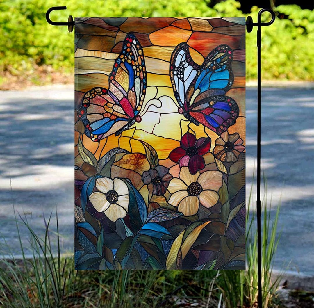 Butterfly Garden Flag, Butterfly Flag, Stained Glass Floral Garden Flag ...