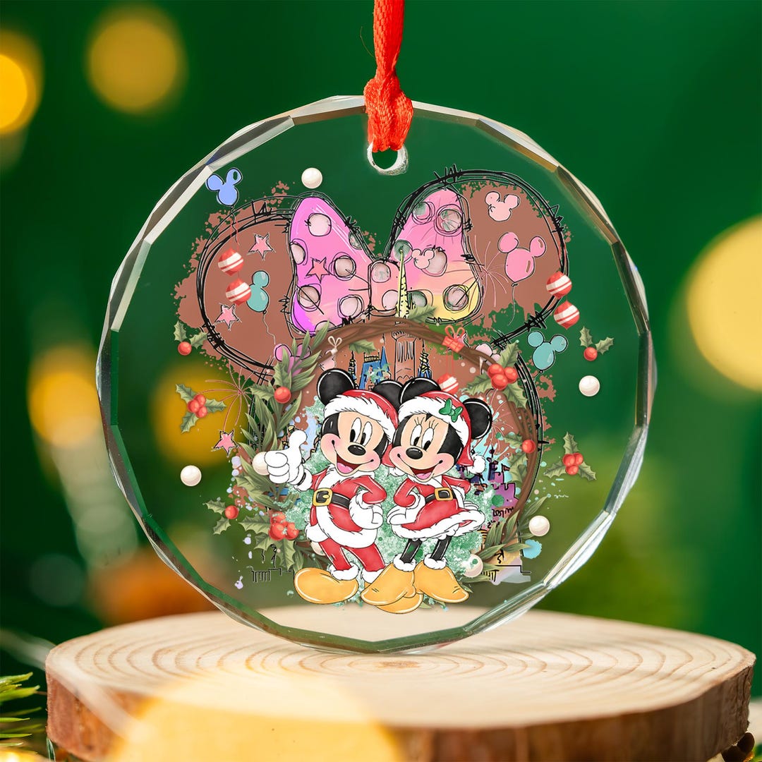 Personalized Disney Mickey Minnie Watercolor Glass Ornament, Engagement ...