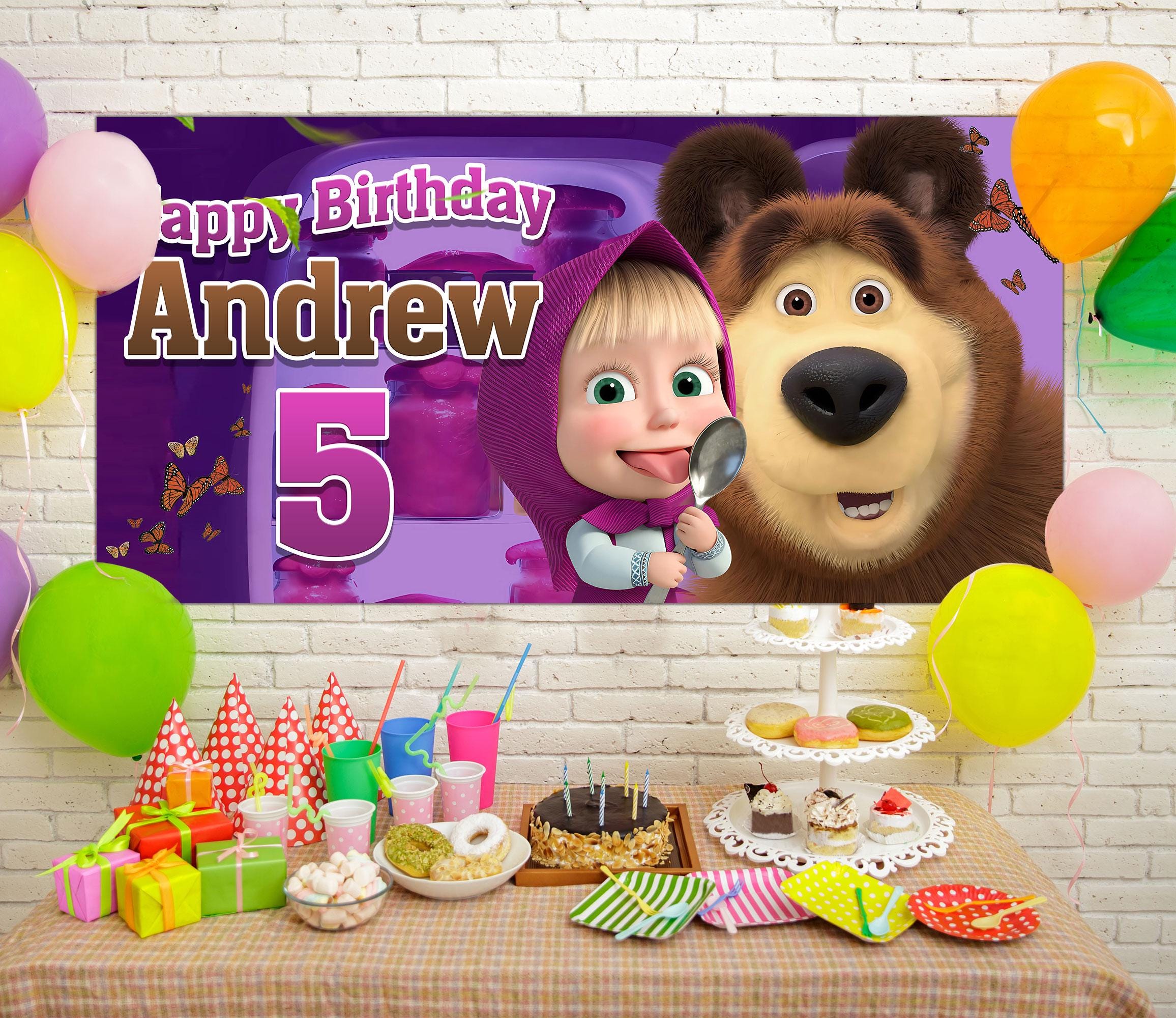 Masha and the Bear Birthday Backdrop | Custom Name Party Banner | Fun ...