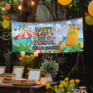 Happy Last Day of School Banner, End of School Year Party Backdrop ...