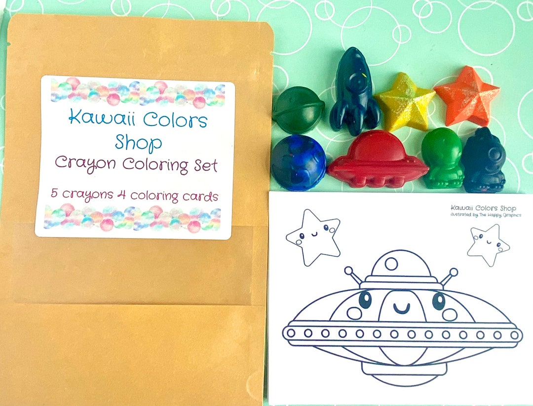 OUTER SPACE CRAYON Coloring Set, Rocket Spaceship Aliens Planets Stars ...