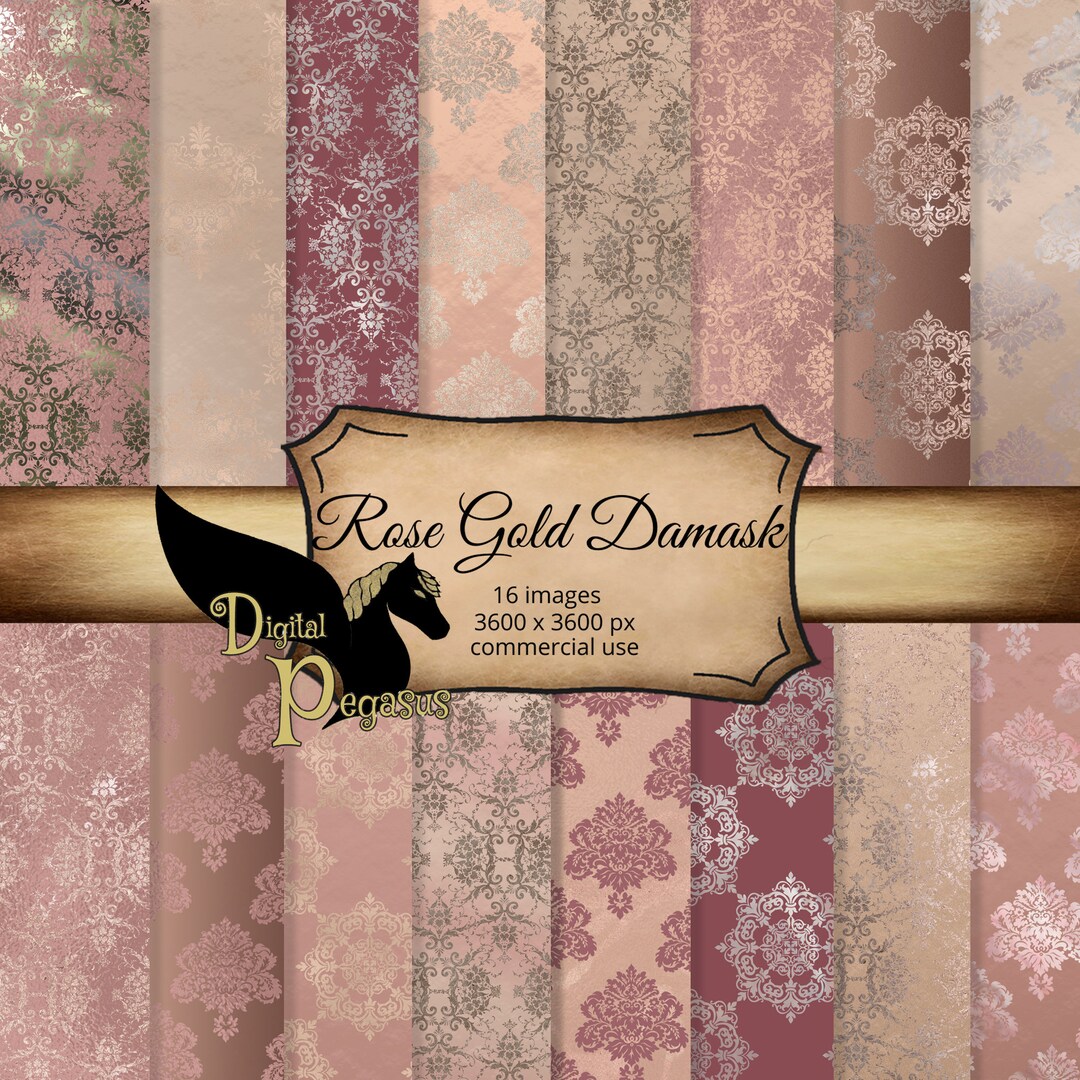 Rose Gold Damask Scrapbook Paper | Damask Digital Paper | Rose Gold ...