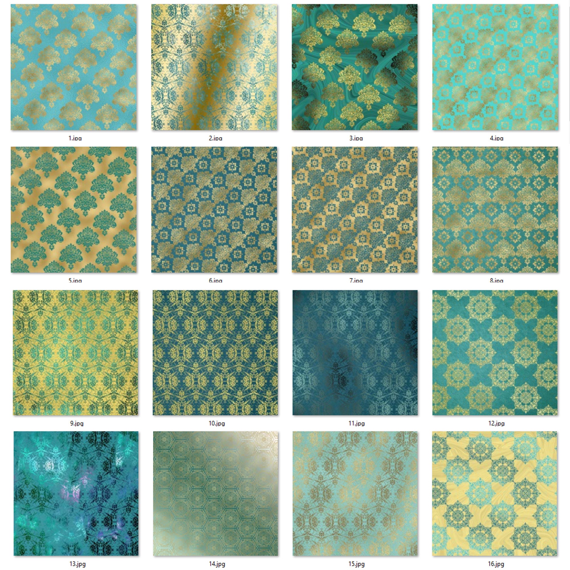 Teal and Gold Scrapbook Paper | Gold Damask Digital Paper | Teal ...