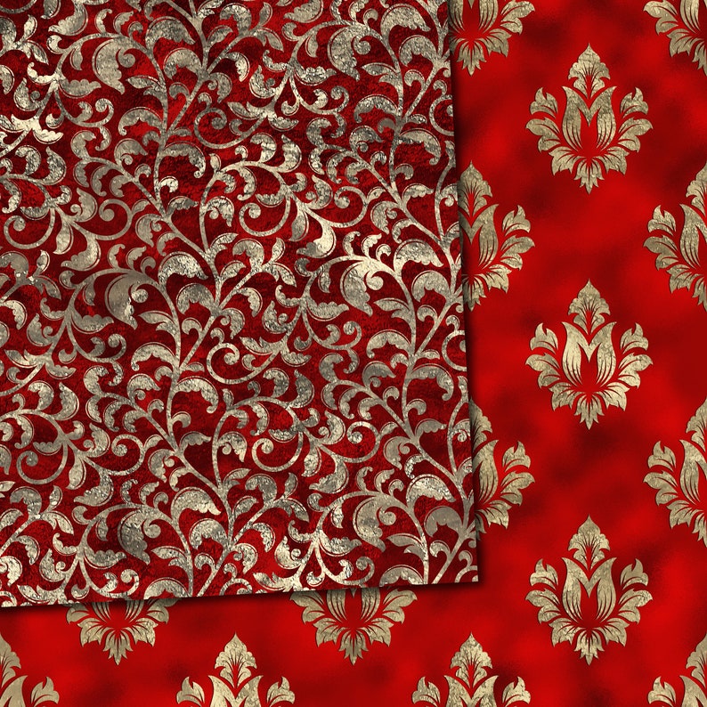 Red and Gold Scrapbook Paper | Seamless Damask Digital Paper | Seamless ...