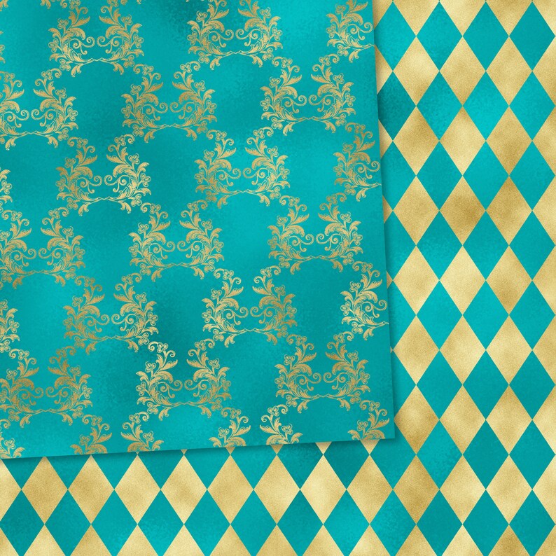 Seamless Teal & Gold Scrapbook Paper Valentine Digital Paper | Etsy