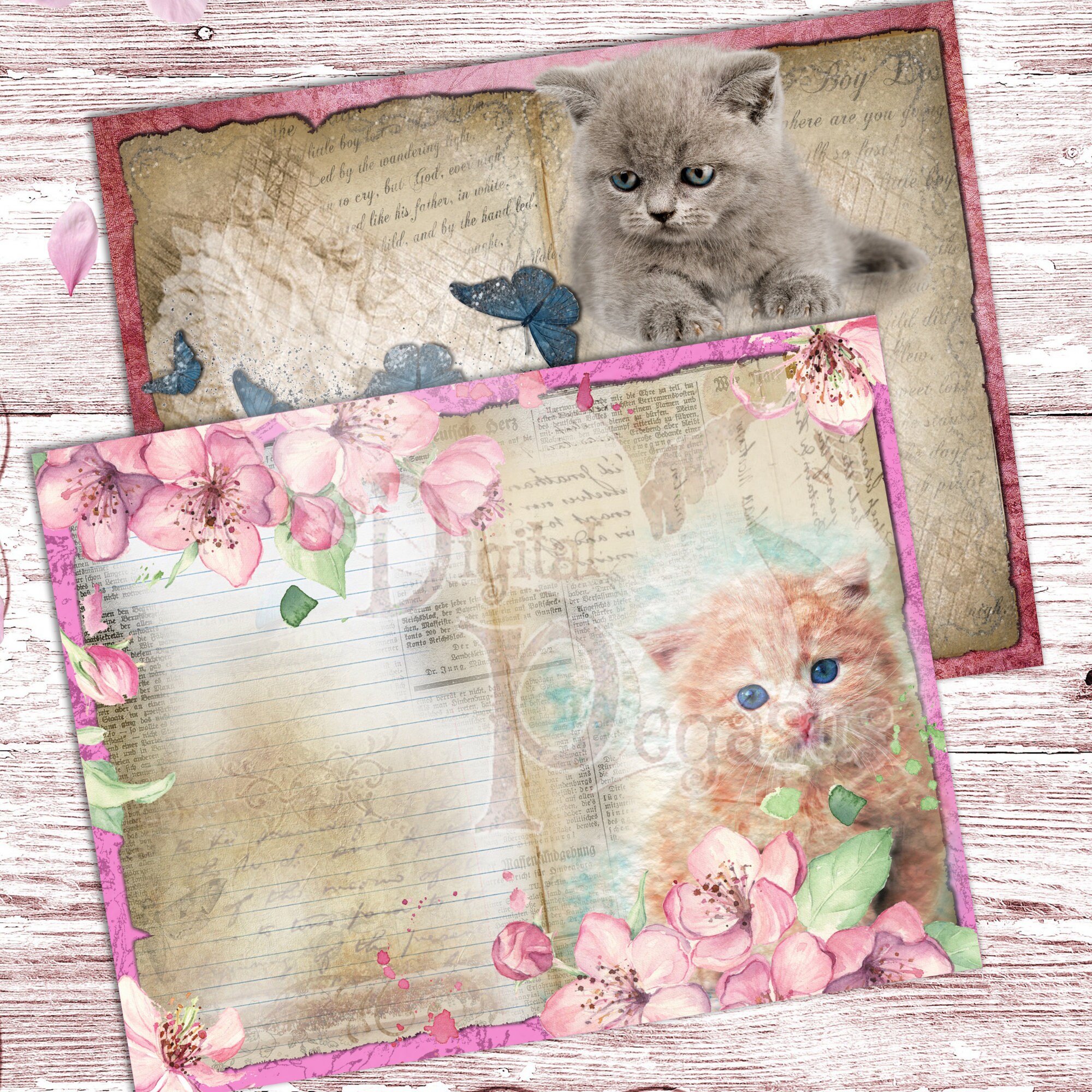Kittens and Butterflies Journal Pages: Vintage Pink Scrapbook Paper ...