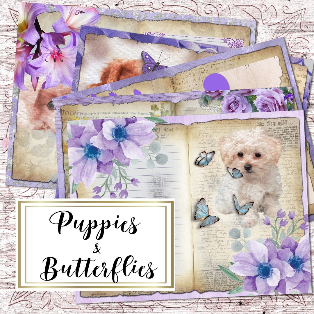 Puppies & Butterflies Journal Pages: Vintage Scrapbook Paper (digital ...