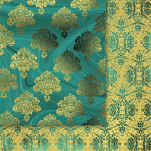 Teal and Gold Scrapbook Paper Gold Damask Digital Paper | Etsy