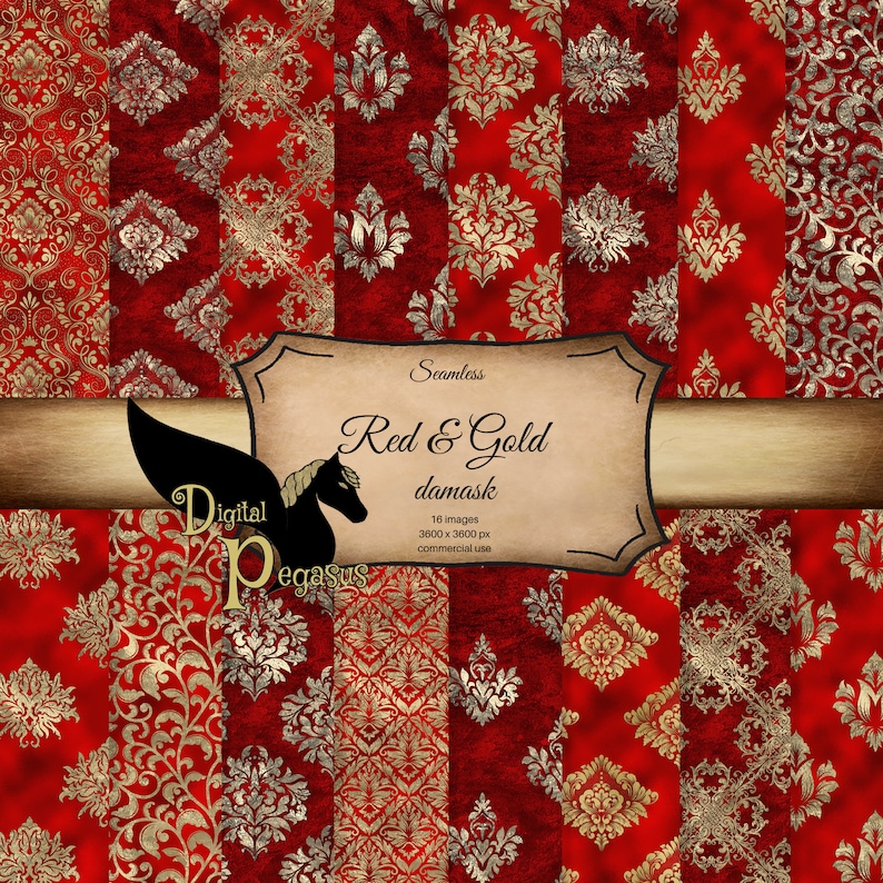 Red and Gold Scrapbook Paper | Seamless Damask Digital Paper | Seamless ...