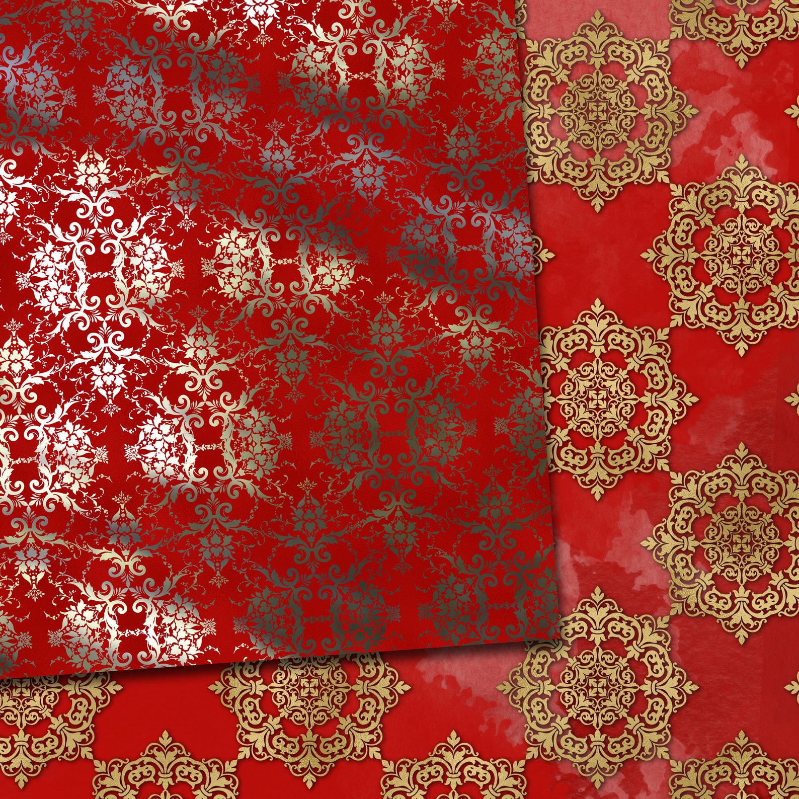 Red Scrapbook Paper | Damask Digital Paper | Red and Gold Damask ...