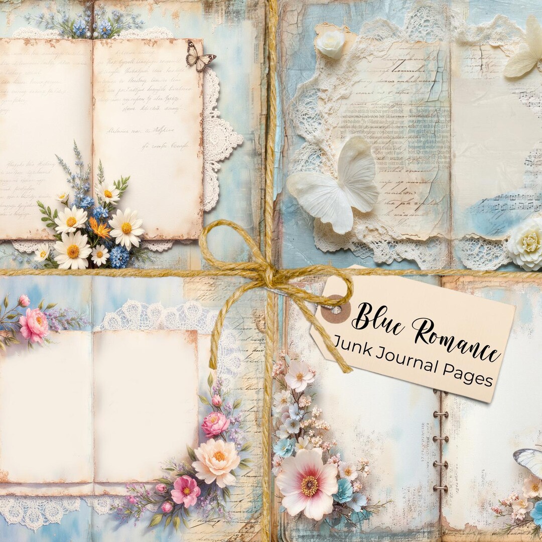 Blue Romance Junk Journal Paper: Vintage Ephemera, Floral Scrapbook ...