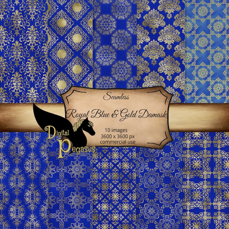Seamless Royal Blue and Gold Damask Scrapbook Paper | Digital Paper ...