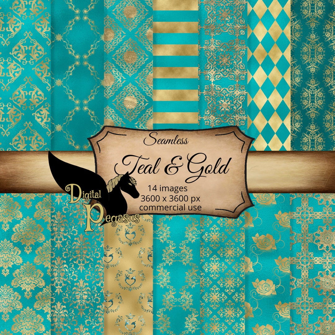 Seamless Teal & Gold Scrapbook Paper | Valentine Digital Paper ...
