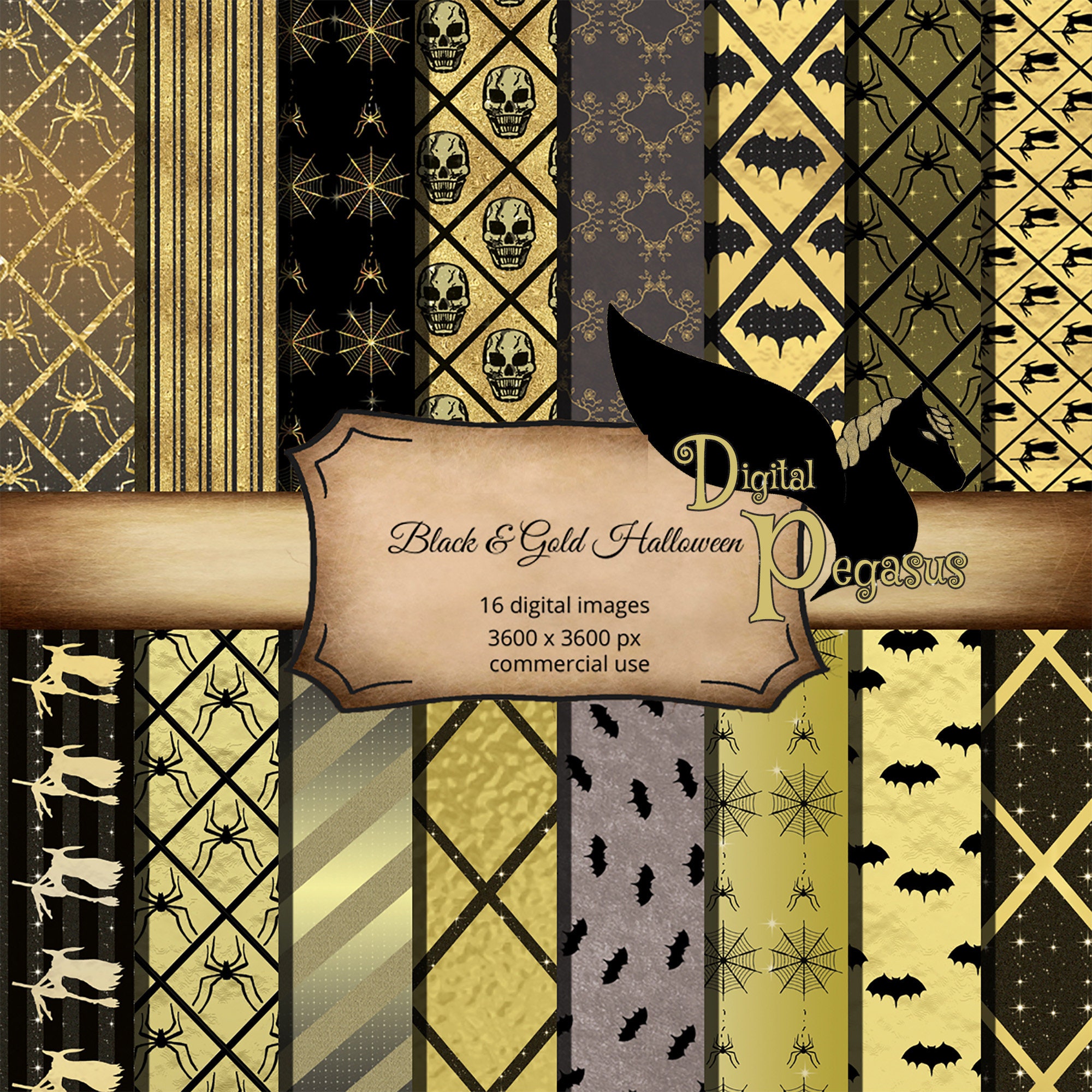 Black and Gold Halloween Digital Paper Printable Scrapbook - Etsy