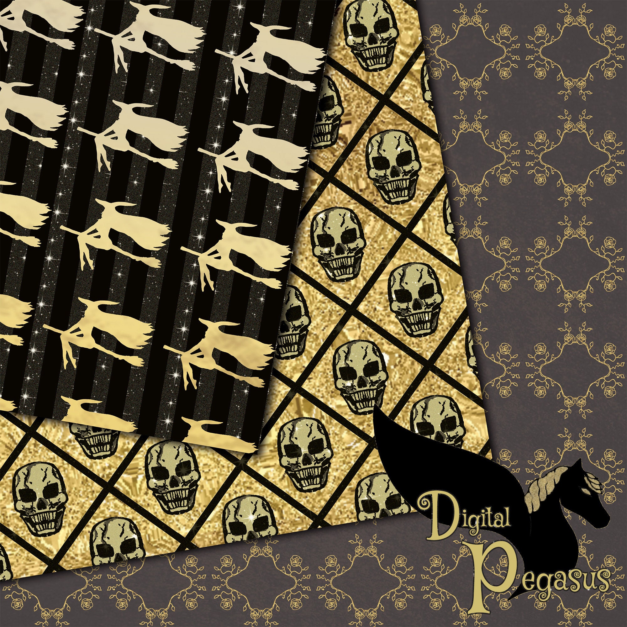 Black and Gold Halloween Digital Paper Printable Scrapbook - Etsy