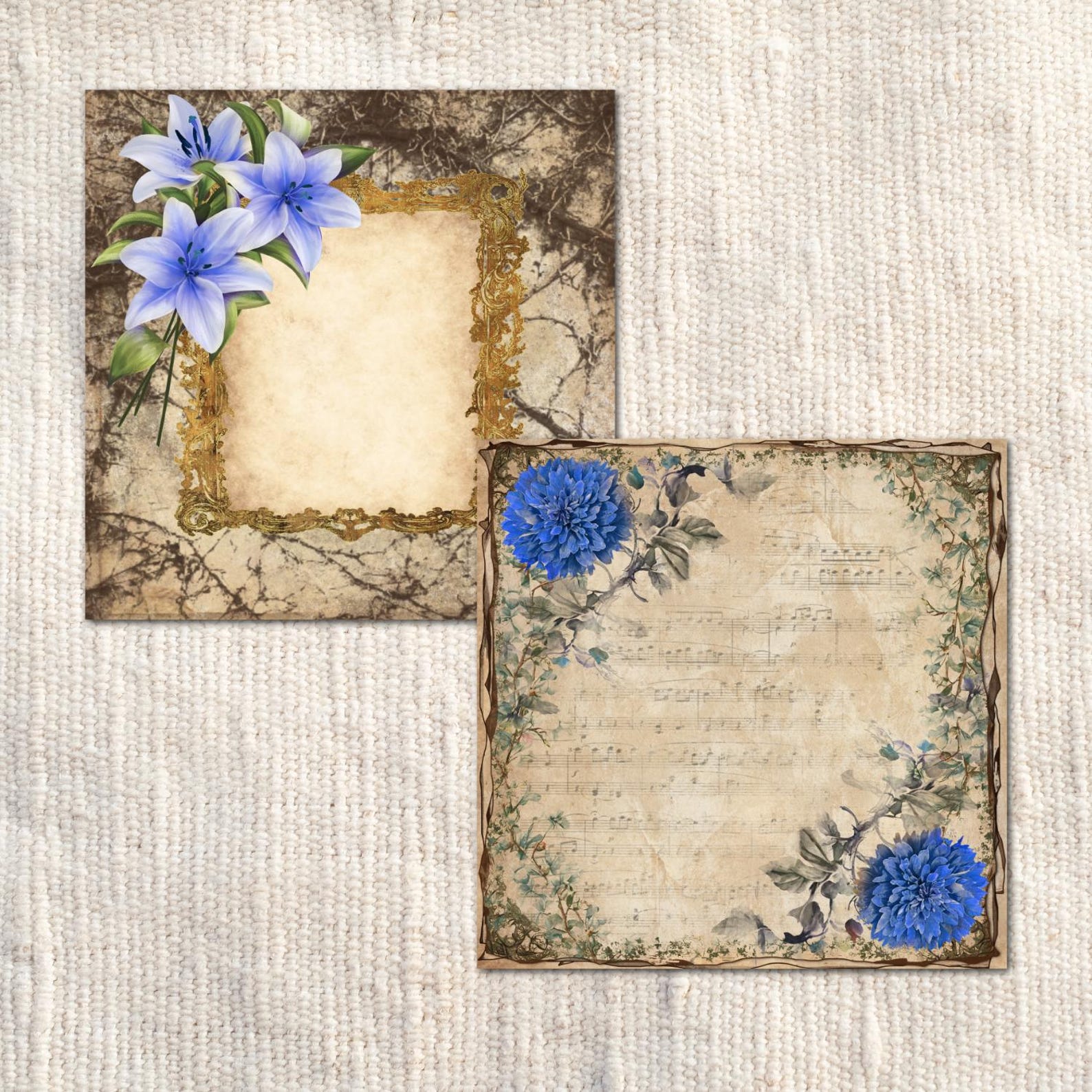 Vintage Blue Floral Digital Paper | 12x12 Junk Journal & Scrapbook ...