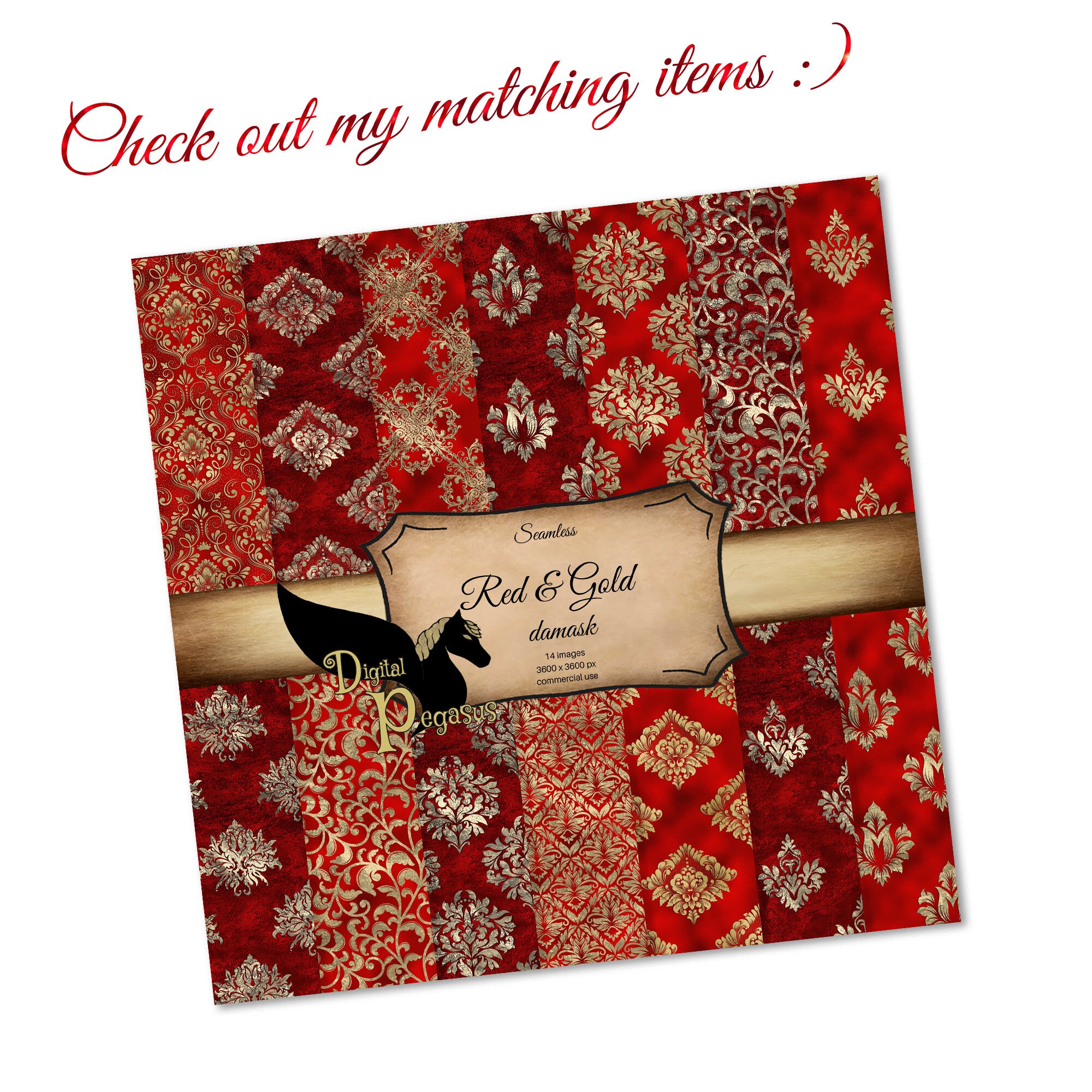 Red Scrapbook Paper | Damask Digital Paper | Red and Gold Damask ...