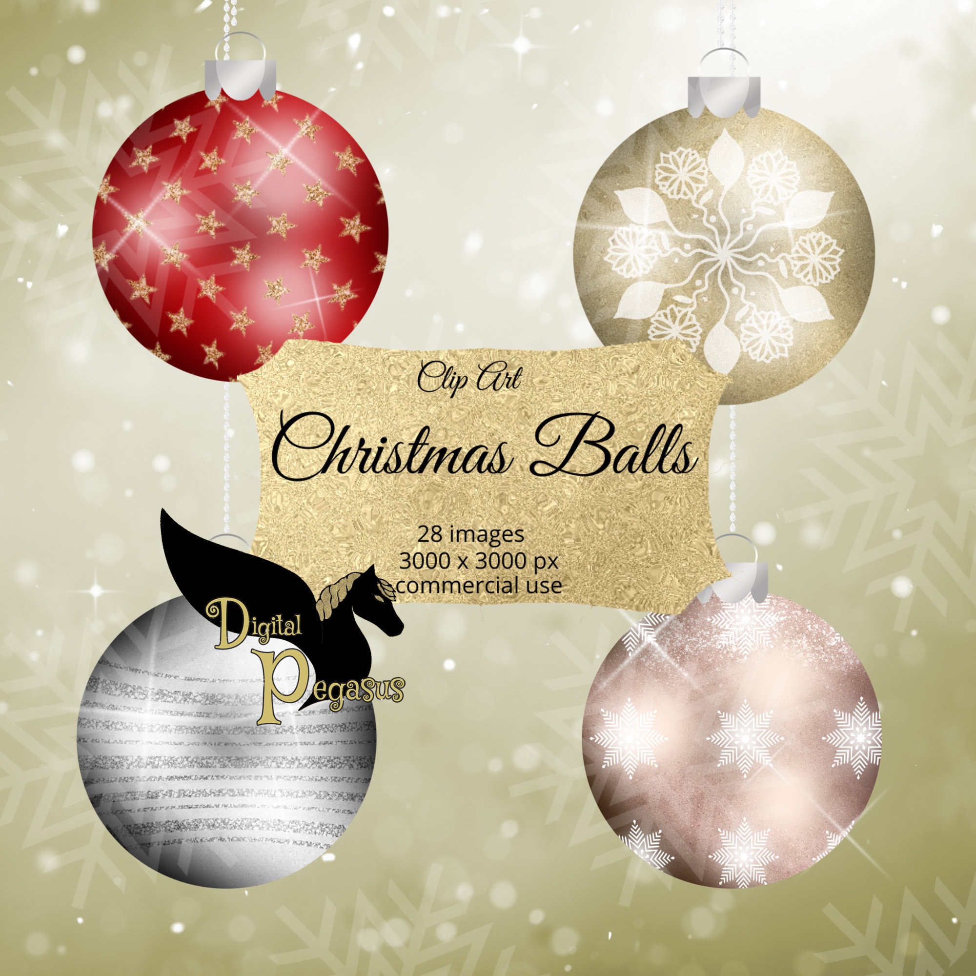 Christmas Ornaments Clip Art Gold, Rose Gold, Silver, Red Commercial ...