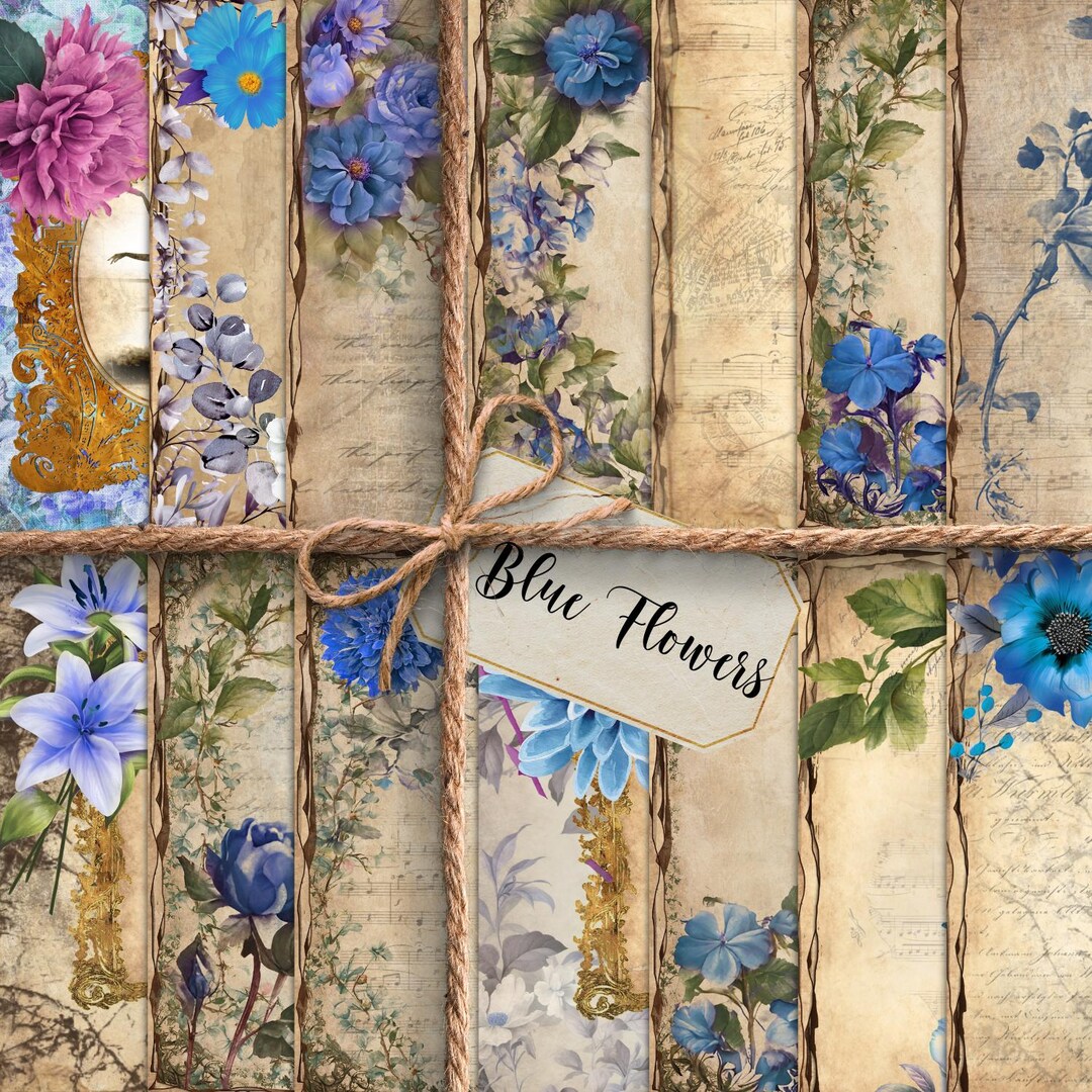 Vintage Blue Floral Digital Paper | 12x12 Junk Journal & Scrapbook ...