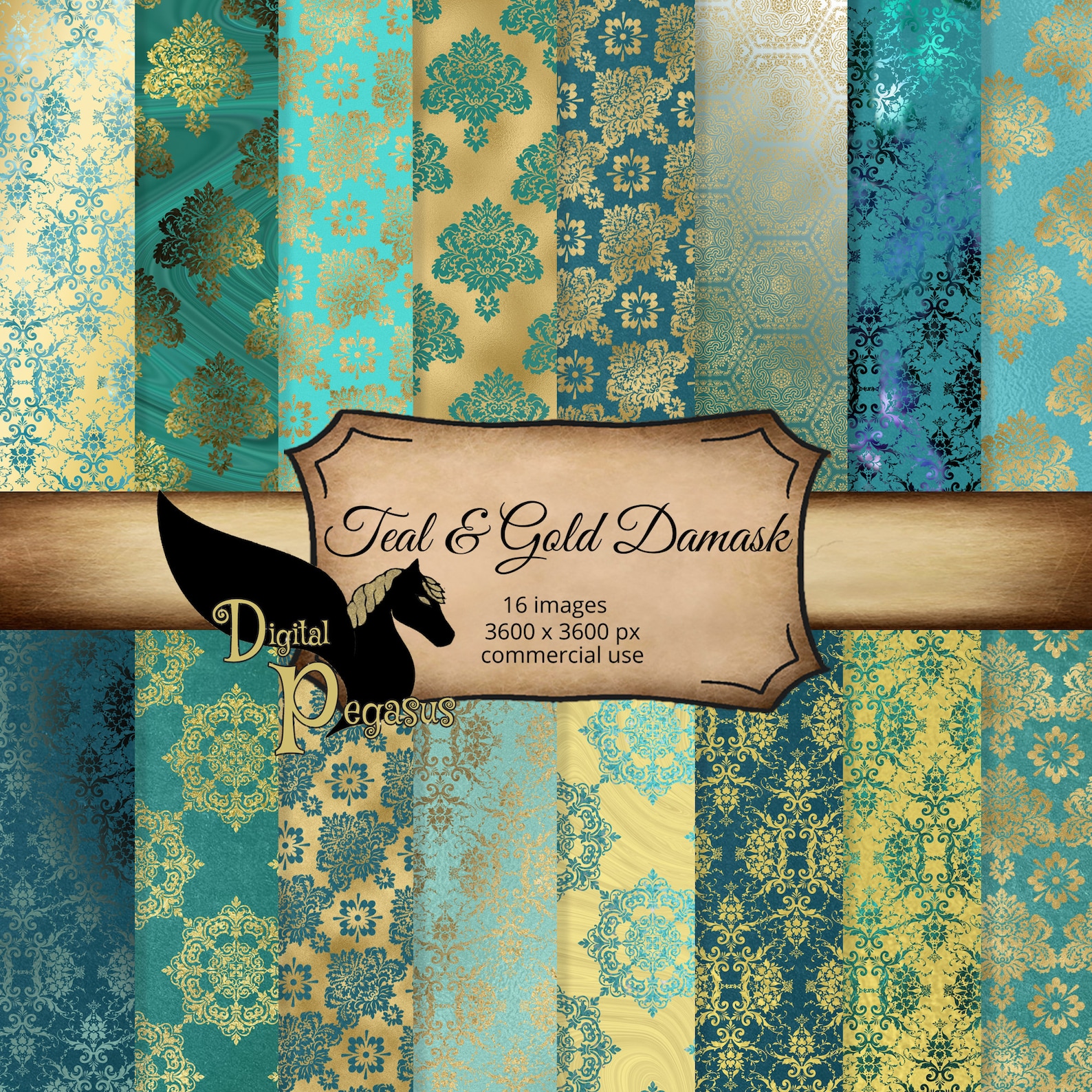 Teal and Gold Scrapbook Paper Gold Damask Digital Paper | Etsy