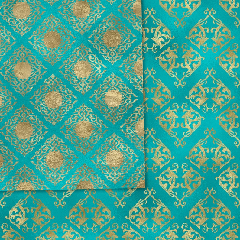 Seamless Teal & Gold Scrapbook Paper Valentine Digital Paper | Etsy