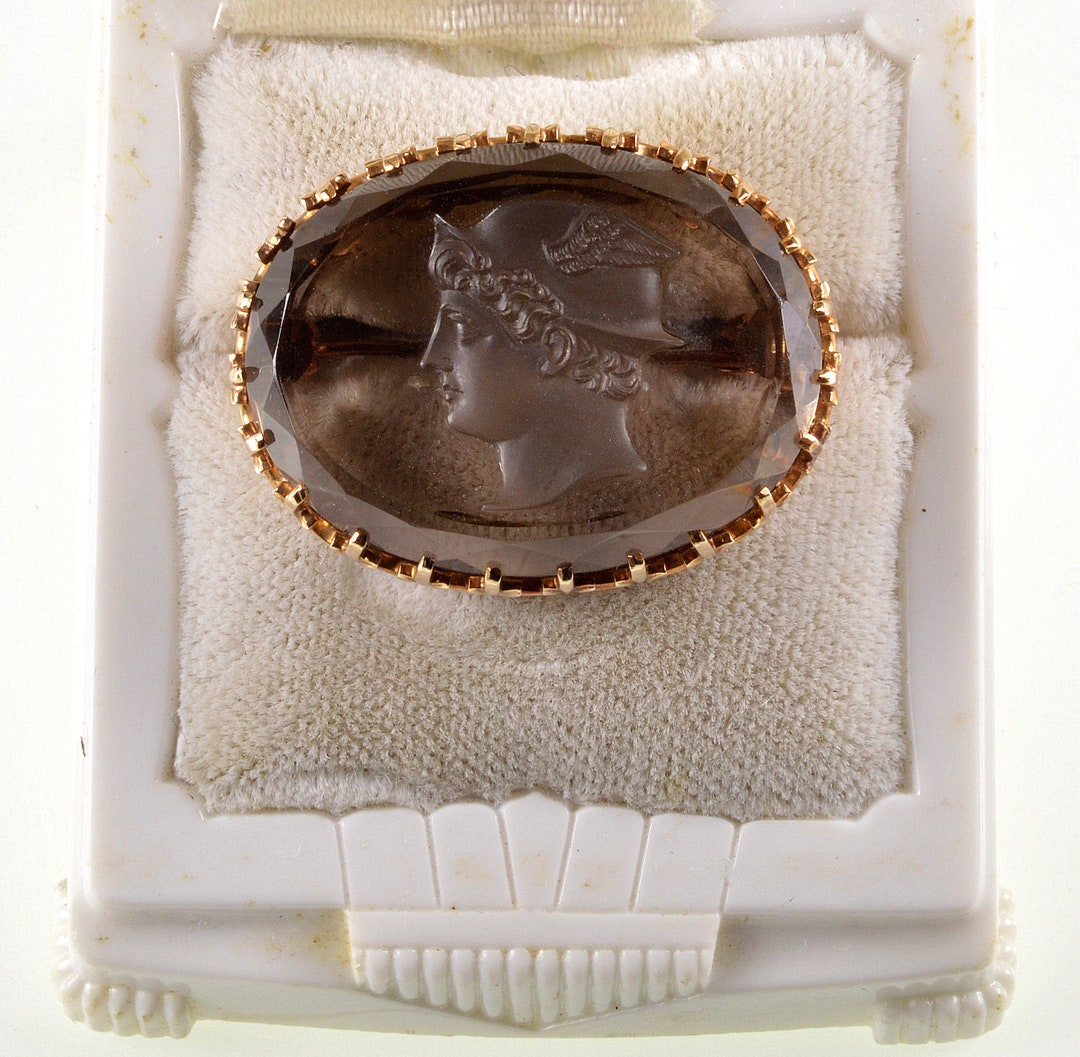 Antique Edwardian 10K Gold Hermes Cameo Brooch Pin Carved Smoky Quartz ...