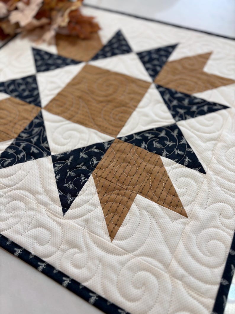 Quilted Blue and Brown Ohio Star Variation Fall Autumn Table Topper ...