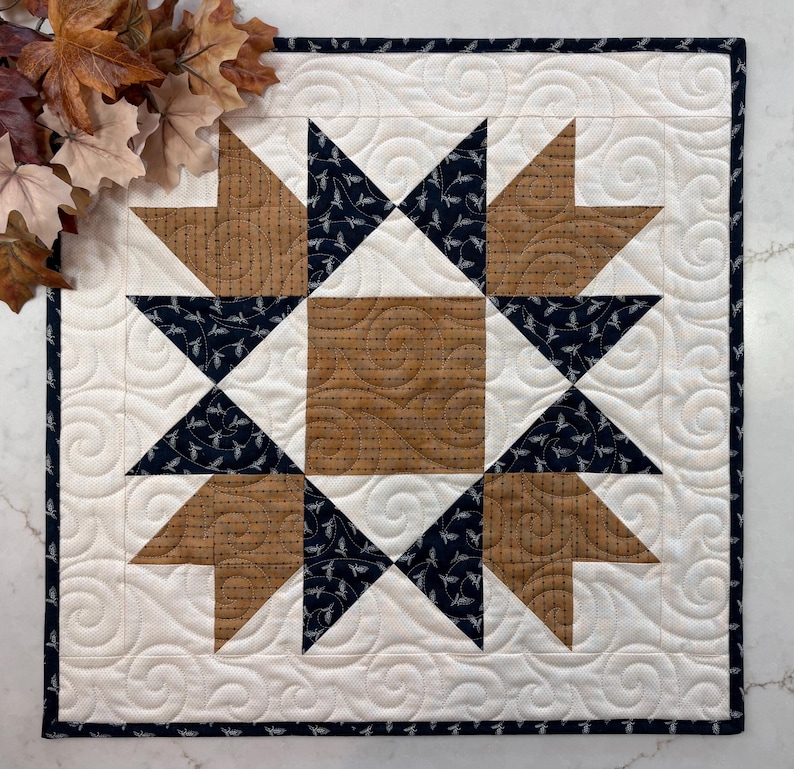 Quilted Blue and Brown Ohio Star Variation Fall Autumn Table Topper ...