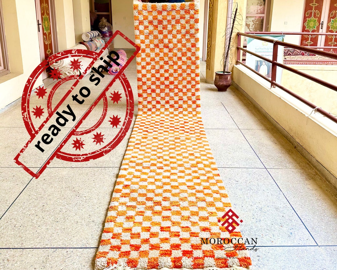 BEAUTIFUL MORROCAN Runner,13x2 Checkered Runner Rug, Orange and Gray ...
