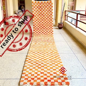 BEAUTIFUL MORROCAN Runner,13x2 Checkered Runner Rug, Orange and Gray ...