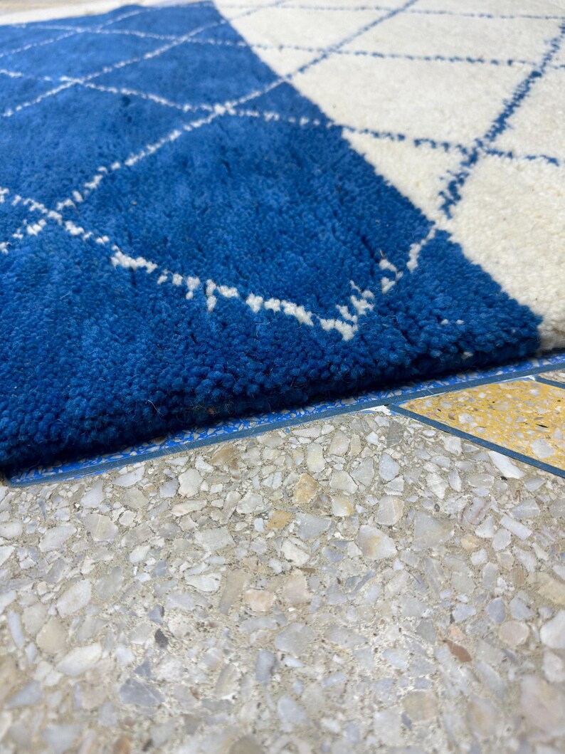 Moroccan Runner - Blue and White Geometric Beni Ourain Wool Carpet ...