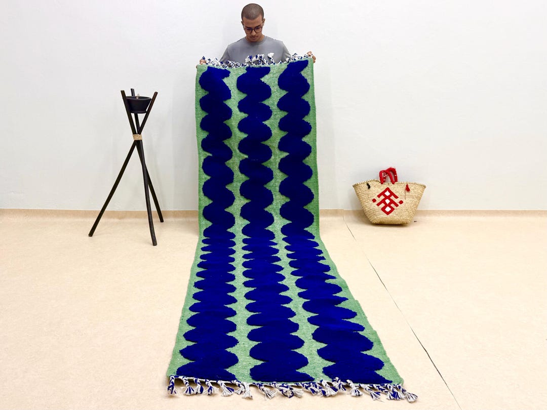 MOROCCAN RUNNER – Blue and Green Abstract Beni Ourain Wool Carpet ...