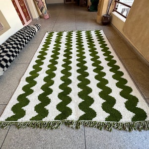 Beni Ourain Rug, Green and White Striped Moroccan Rug, Custom Handmade ...