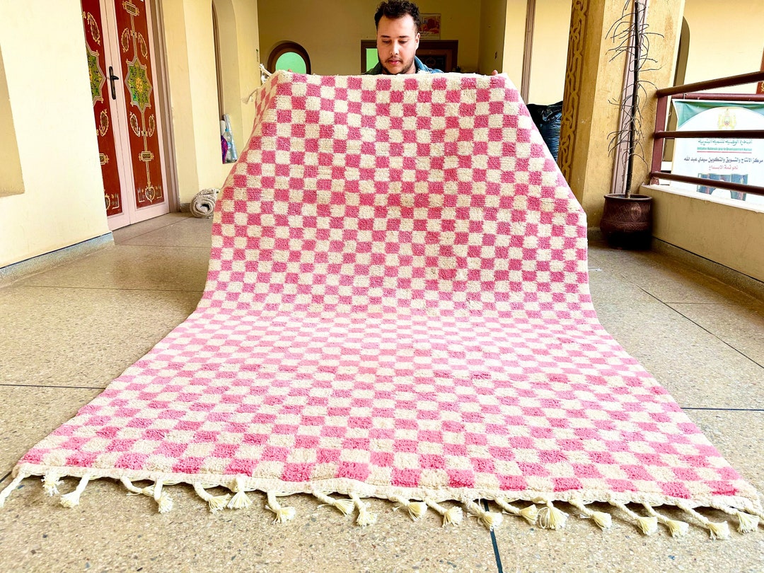 CHECKERED Pink Barbie Beni Ourain Rug- Tribal Area Rug- Pink and White ...