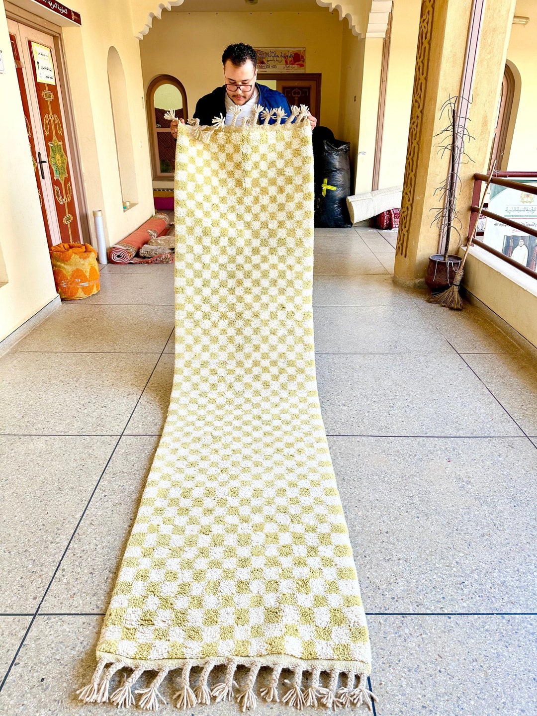 CHECKERED BENIOURAIN Rug, Handmade Rug, Ivory Yellow Checkerboard ...