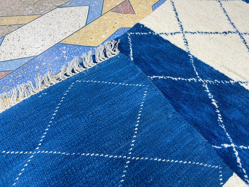 Moroccan Runner - Blue and White Geometric Beni Ourain Wool Carpet ...
